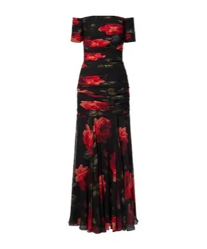 Carolina Herrera Floral Ruched Off-shoulder Silk Chiffon Gown - Black