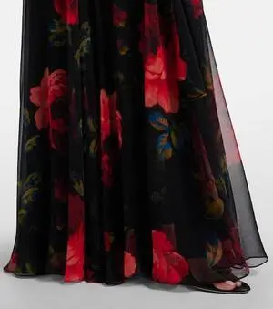 Carolina Herrera Off-shoulder Ruched Floral Silk Chiffon Gown - Black