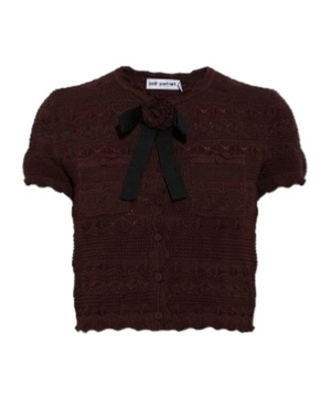 SELF-PORTRAIT Bow-detail Pointelle-knit Cropped Cardigan - Brown
