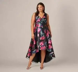 Adrianna Papell Floral Print Mikado High-low Gown - Black Multi