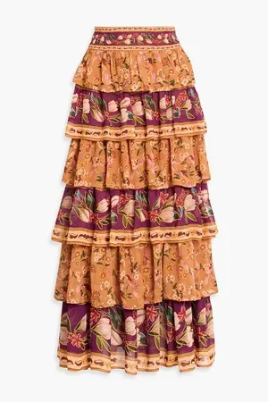 Farm Rio Tiered Floralprint Crepe De Chine Maxi Skirt - Camel