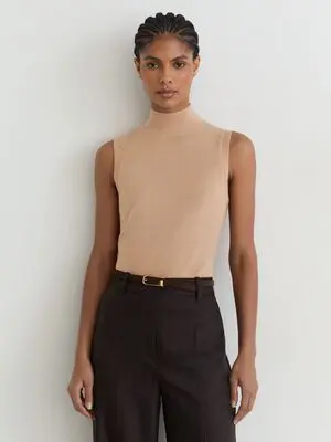 REISS Evelyn Merino Wool Funnel-neck Sleeveless Vest - Camel