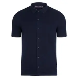 PAUL JAMES KNITWEAR Lightweight Cotton Marshall Short Sleeve Shirt Navy - Blue