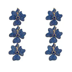 LATELITA Blue / Gold Jasmine Flower Triple Drop Earrings Gold Sapphire Blue - Blue/gold