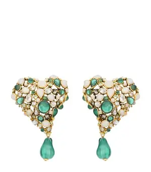 Saint Laurent Embellished Heart Shaped Crystal Drop Earrings - White