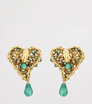Saint Laurent Embellished Heart Shaped Crystal Drop Earrings