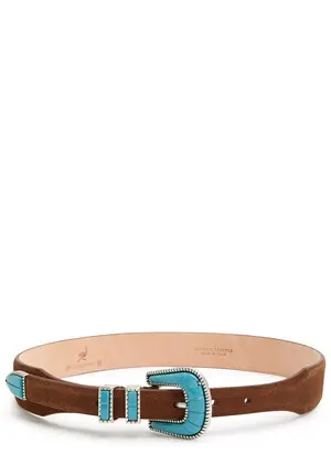 SILVER OSTRICH Suede Belt With Turquoise Inserts - Brown