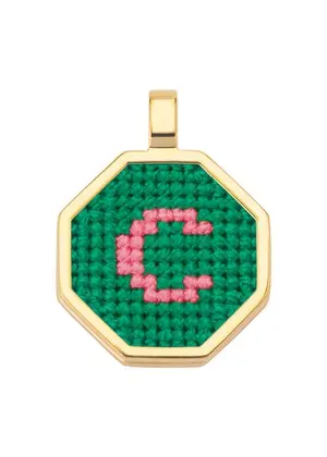 Maria Frering Gold-plated Bronze Pendant Necklace With Embroidered Letter 'c - Green