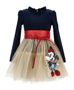 Monnalisa X Disney Minnie Mouse Applique Belted Tulle Dress