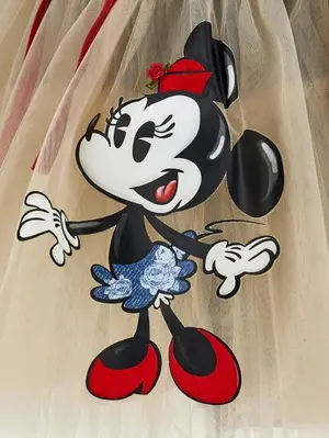 Monnalisa X Disney Minnie Mouse Applique Belted Tulle Dress