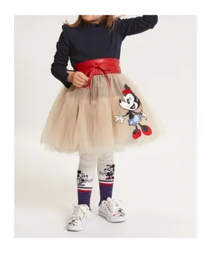 Monnalisa X Disney Minnie Mouse Applique Belted Tulle Dress