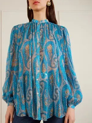 Etro Pleated Paisley Print Silk Crepe Shirt