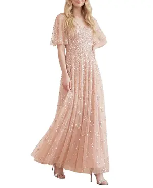 NEEDLE & THREAD Leila Dot V-neck Cape Ankle Gown - Parchment