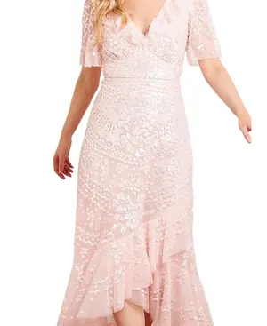NEEDLE & THREAD Anais Sequin Frill Ankle Gown - Seashell