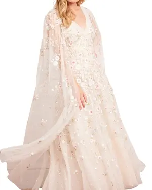 NEEDLE & THREAD Ethereal Blooms Cape Sleeve Ankle Gown - Cream/multi