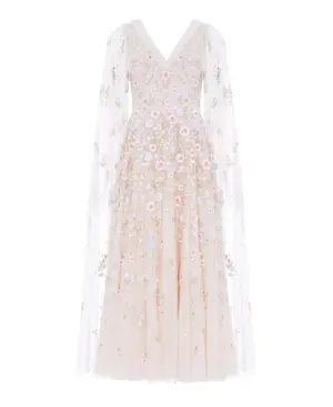 NEEDLE & THREAD Ethereal Blooms Cape Sleeve Ankle Gown - Cream/multi