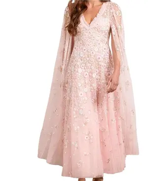 NEEDLE & THREAD Ethereal Blooms Cape Sleeve Ankle Gown - Seashell/multi