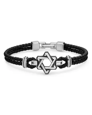 David Yurman Streamline Star Of David Bracelet In Black Leather With Sterling Silver - Black/silver