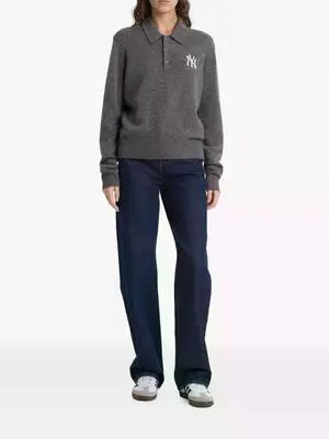 SPORTY & RICH Heritage Yankees Serif Cashmere Polo-collar Sweater - Grey