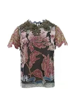 Biyan Saluna Floral-print Velvet Appliqué Blouse - Black
