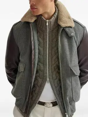 Brunello Cucinelli Bonded Cashmere Beaver Cloth And Nappa Leather Bomber Jacket With Thermore® Padding And Detachable Shearling Collar - Grey