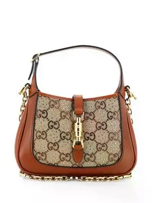 Gucci Jackie 1961 Chain Crystal Embellished Gg Canvas Mini Hobo Bag - Brown
