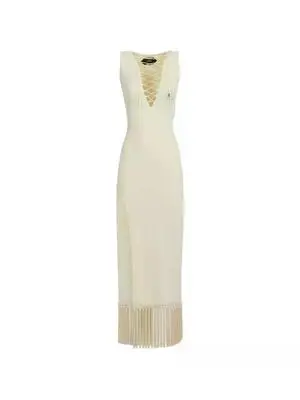 TALLER MARMO Sahara Lace-up Fringe Midi Dress - Neutrals