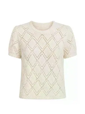 WHITE & WARREN Ivory Pointelle Knit Diamond Pattern Crew Neck Short Sleeve Top - Neutrals
