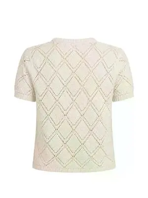 WHITE & WARREN Ivory Pointelle Knit Diamond Pattern Crew Neck Short Sleeve Top