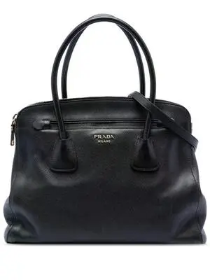 Prada Saffiano Cuir Double Zip Top Handle Bag - Black