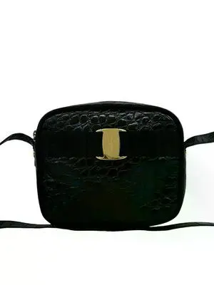 FERRAGAMO Croc Embossed Leather Vara Crossbody Bag - Black