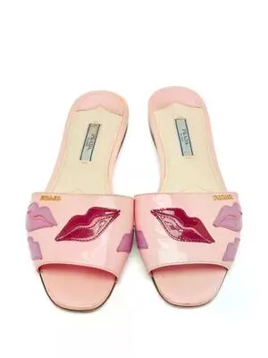Prada Patent Leather Lip Appliqué Flat Sandals