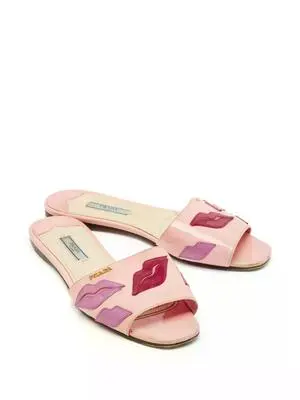 Prada Patent Leather Lip Appliqué Flat Sandals