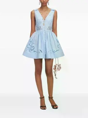 SELF-PORTRAIT Cotton Embroidered Mini Dress - Blue