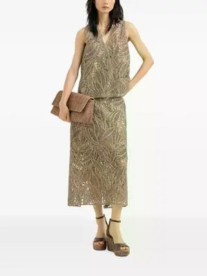 Brunello Cucinelli Dazzling Cacao Leaves Embroidery Top - Gold