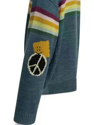 Kapital Rainbow Stripe Peace Sign Intarsia Knit Sweater