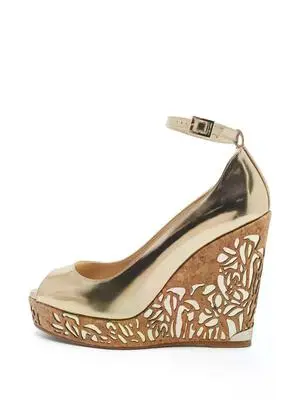 JIMMY CHOO Gold-tone Leather Wedge Sandals