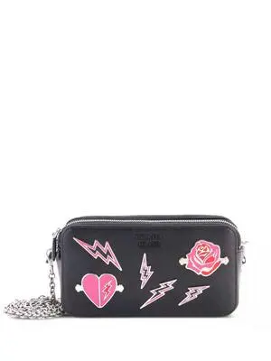 Prada Monochrome Double Zip Wallet On Chain Pin Embellished Saffiano Leather Crossbody Bag - Black