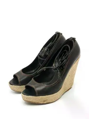 SERGIO ROSSI Leather Peep-toe Ankle-tie Wedge Pumps