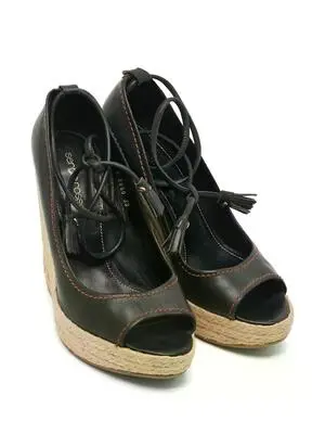 SERGIO ROSSI Leather Peep-toe Ankle-tie Wedge Pumps