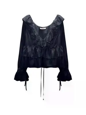 Dorothee Schumacher Black Satin Ruffled Tiered Blouse - Blue