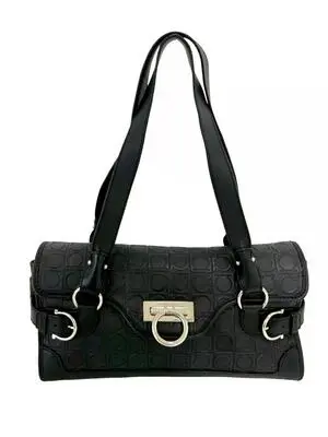 FERRAGAMO Gancini Embossed Leather Shoulder Bag - Black
