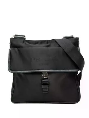 Prada Saffiano Trimmed Tessuto Zip Top Crossbody Bag - Black