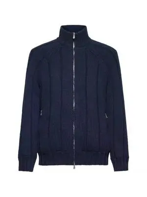 Brunello Cucinelli Indigo Ribbed Knit High Neck Zip-up Jacket