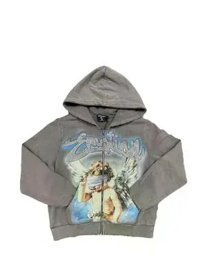 MIXED EMOTION Rhinestone Graphic Zip-up Hoodie - Grey