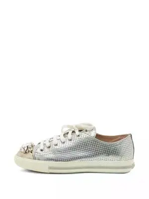 Miu Miu Embellished Leather Sneakers - Grey