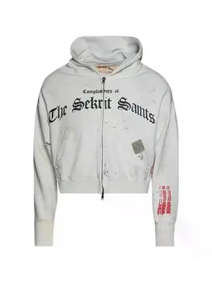 SEKRIT Distressed Logo-print Hoodie - Neutrals