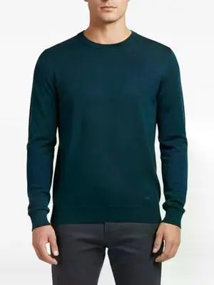 Emporio Armani Green Virgin Wool Fine Knit Crew Neck Long Sleeve Sweater - Blue