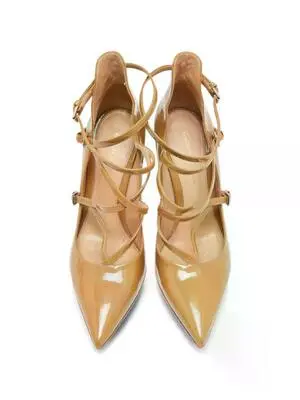 GIANVITO ROSSI Beige Patent Leather Crisscross Ankle Strap Stiletto Pumps
