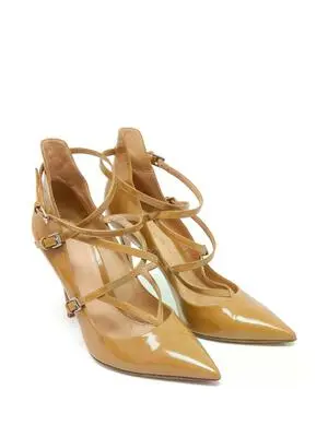 GIANVITO ROSSI Beige Patent Leather Crisscross Ankle Strap Stiletto Pumps